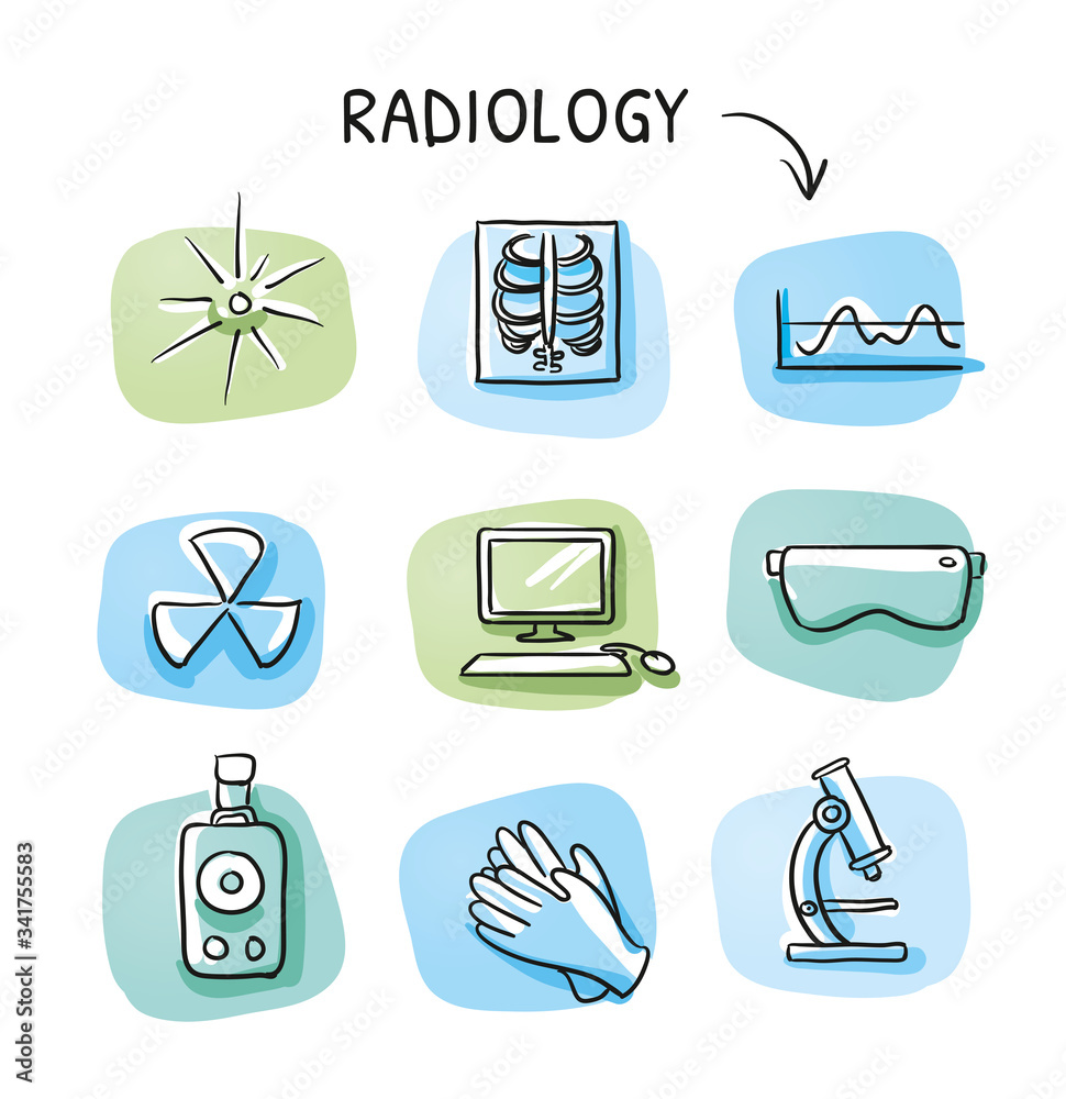 Set of different medical radiation and x-ray laboratory icons, for info ...