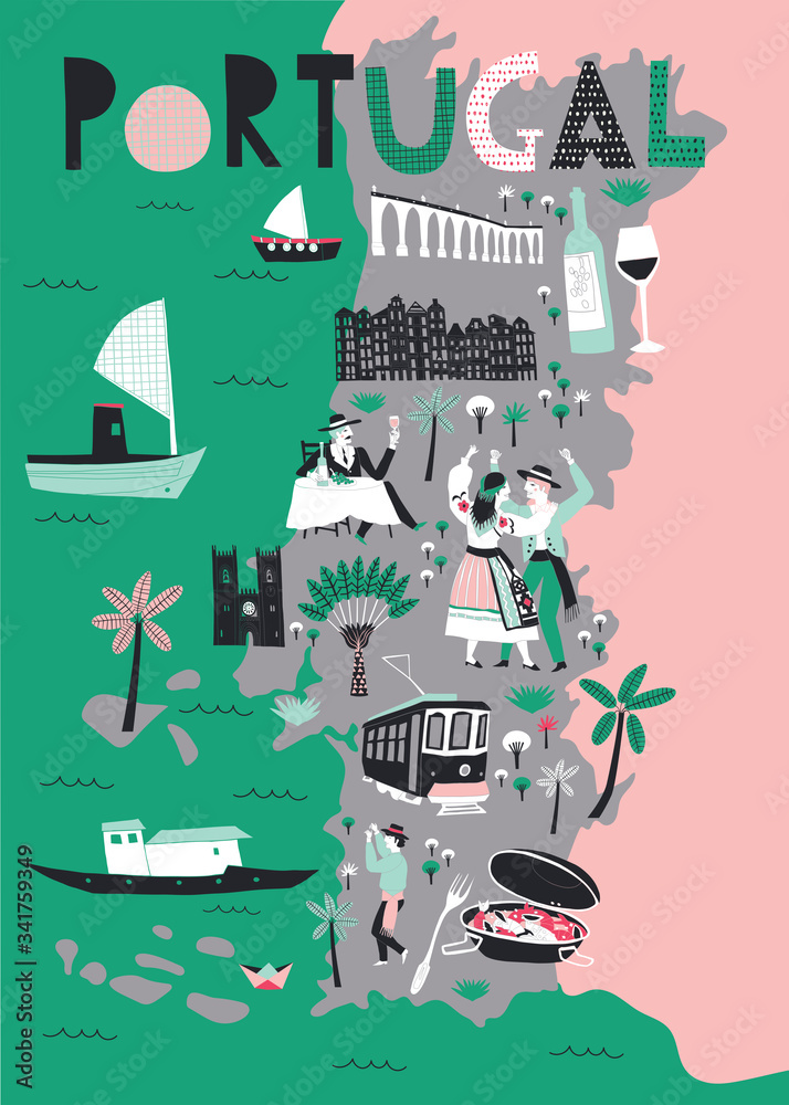 Cartoon Map of Portugal with Legend Icons Stock Vector | Adobe Stock