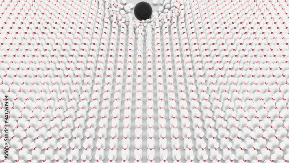 Abstract bowling. A black ball hits an array of white bowling pins and ...