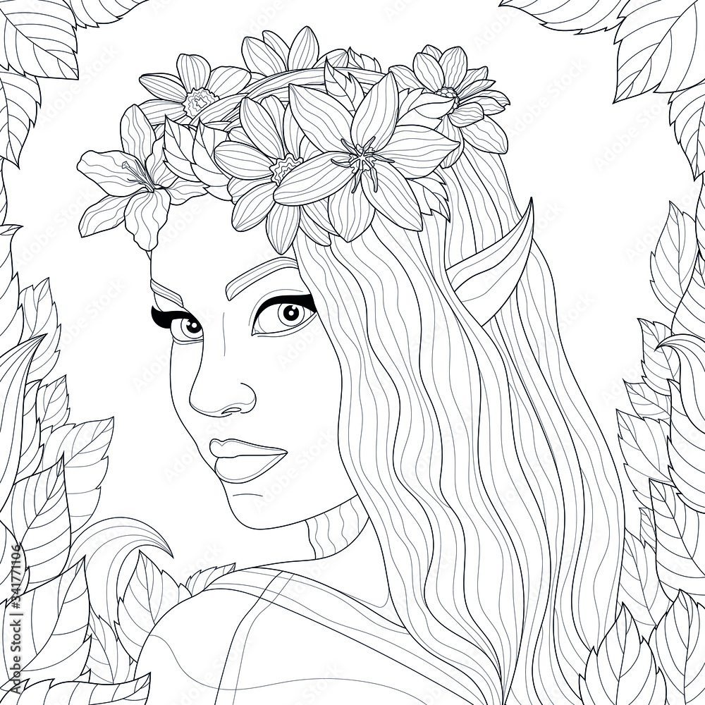 Elf girl with a floral wreath on her head and leaves around.Coloring ...