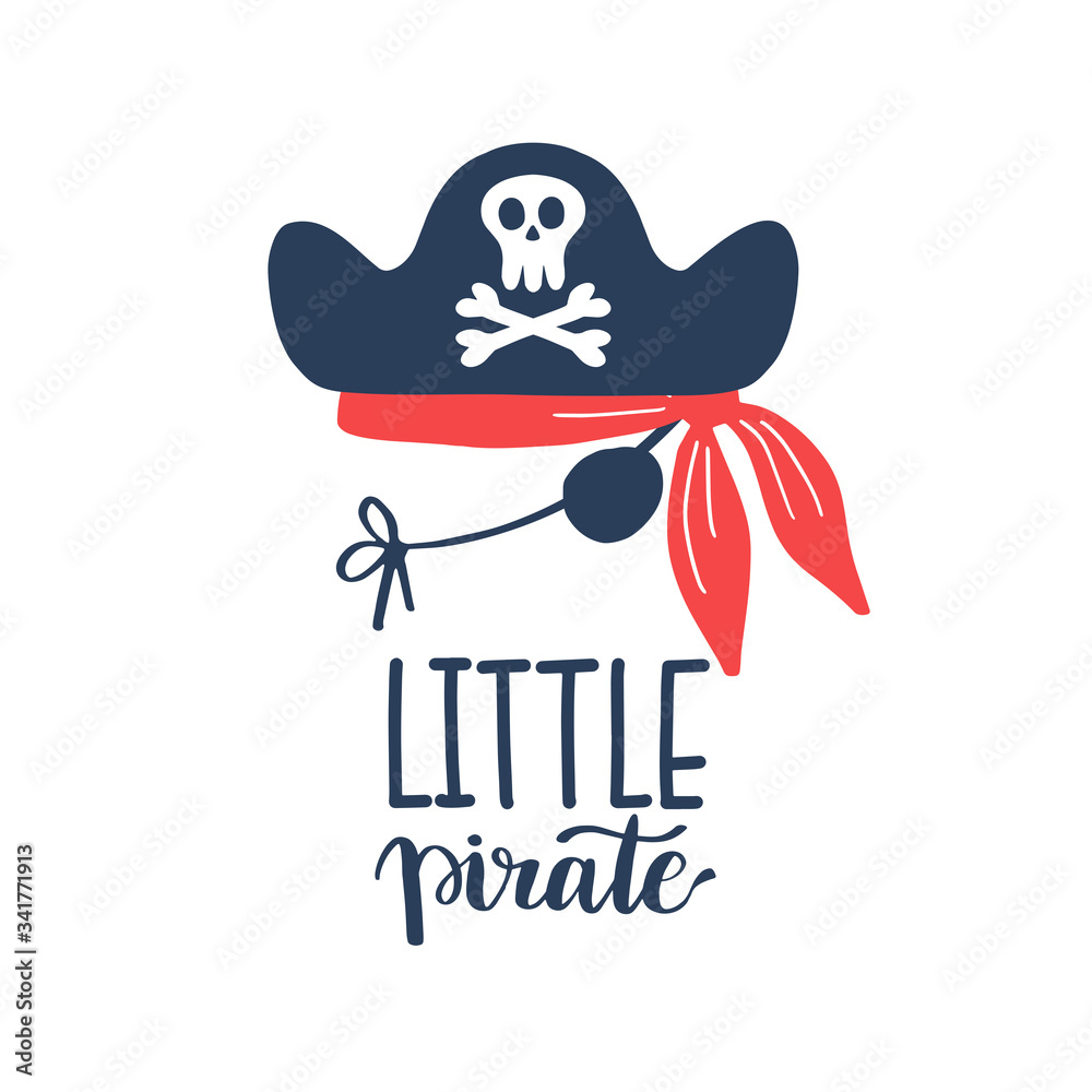 Vector illustration Little pirate lettering with pirate's hat and bones ...