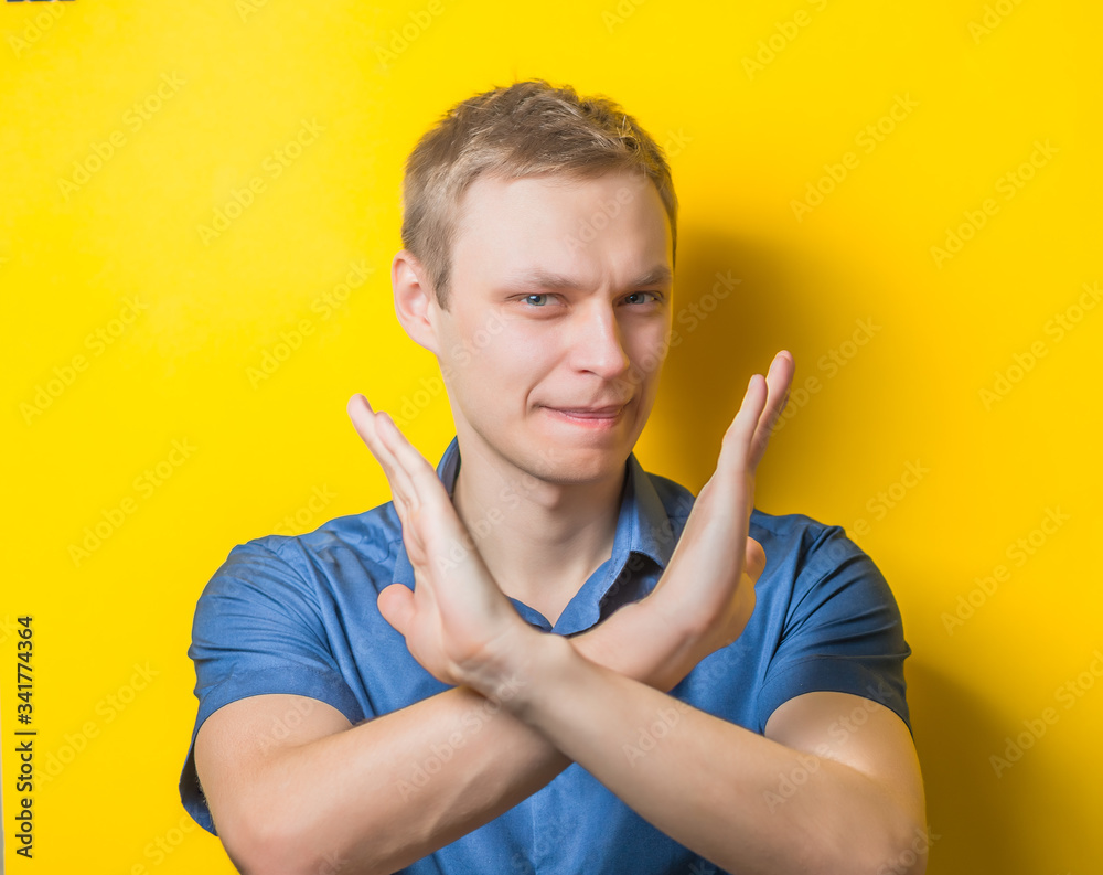 Two crossed hands young boy shows stop timeout. Stop time sign on a ...