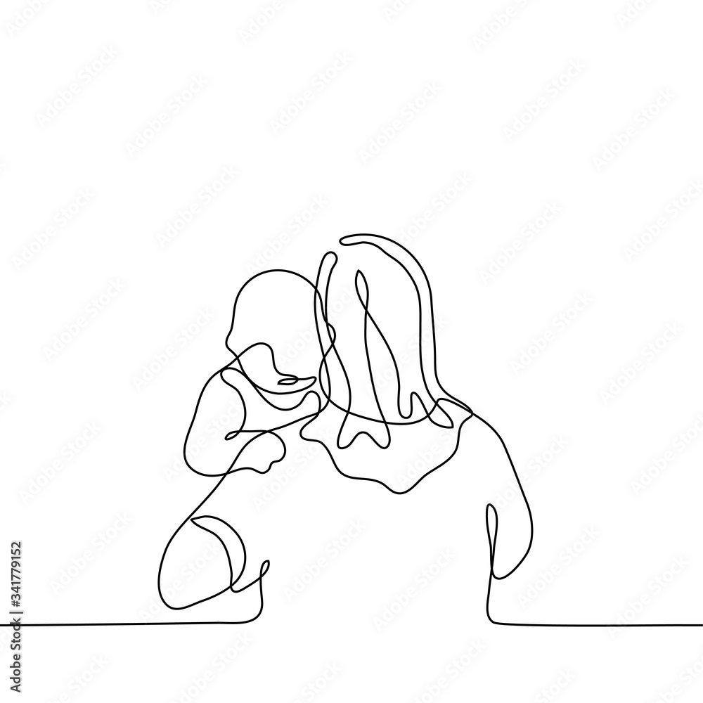 Drawing of a woman with a child in her arms. One continuous line ...
