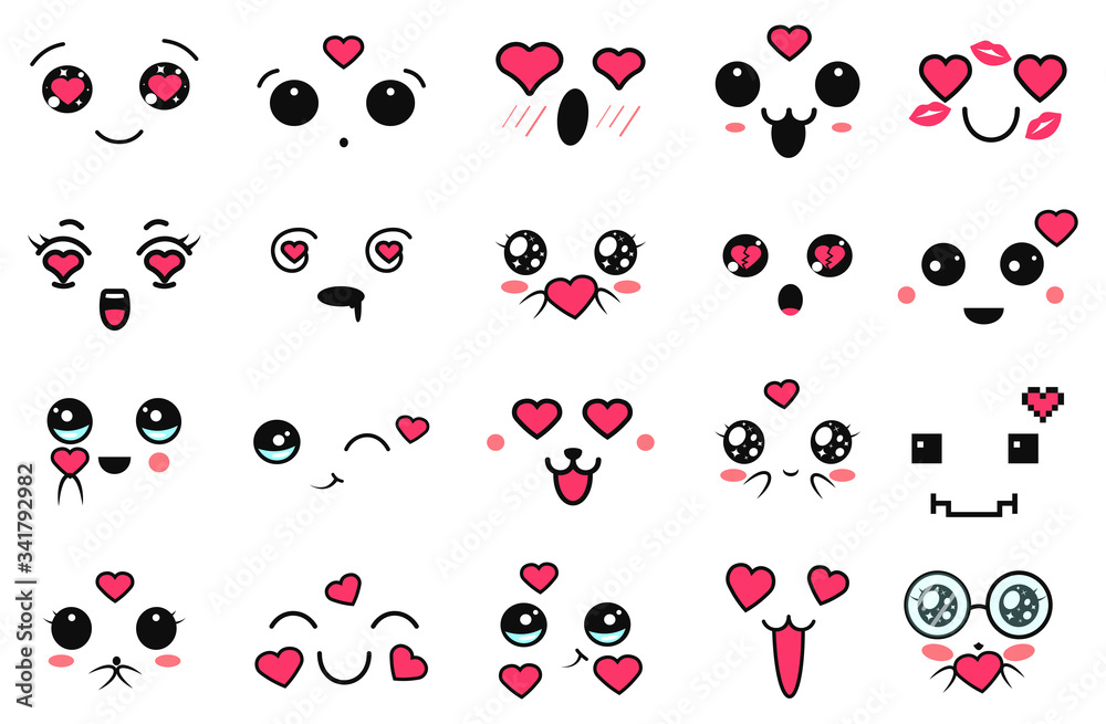 Kawaii cute faces with hearts. Manga style eyes and mouths. Funny ...