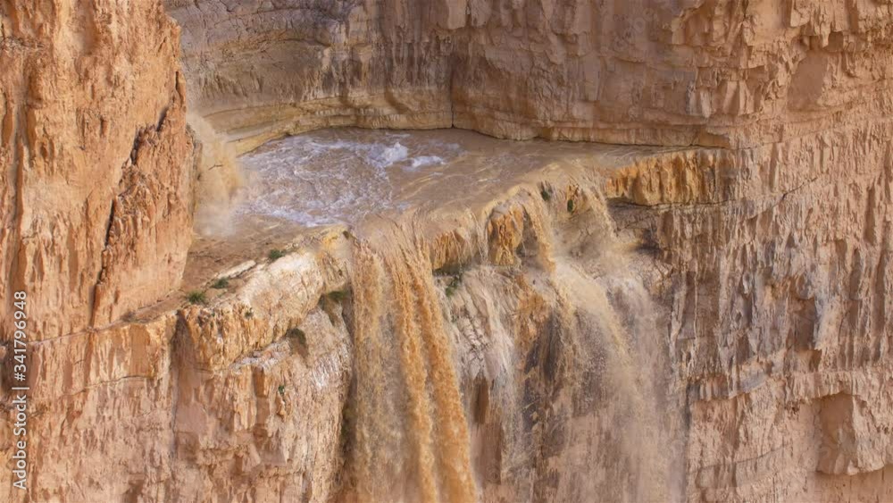 Giant Waterfall, flash flood, desert mountains,Drone Flash Flood in the ...