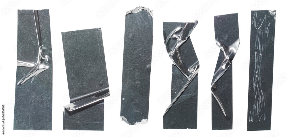 Metallic sticky teared tape shapes cuts isolated on white background ...