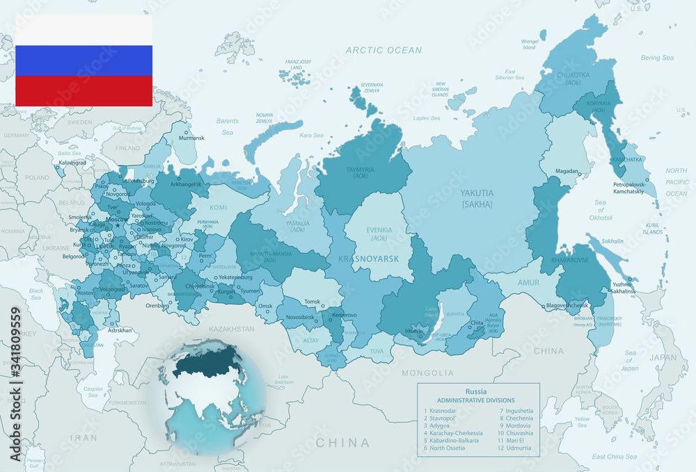 Blue-green detailed map of Russia administrative divisions with country ...