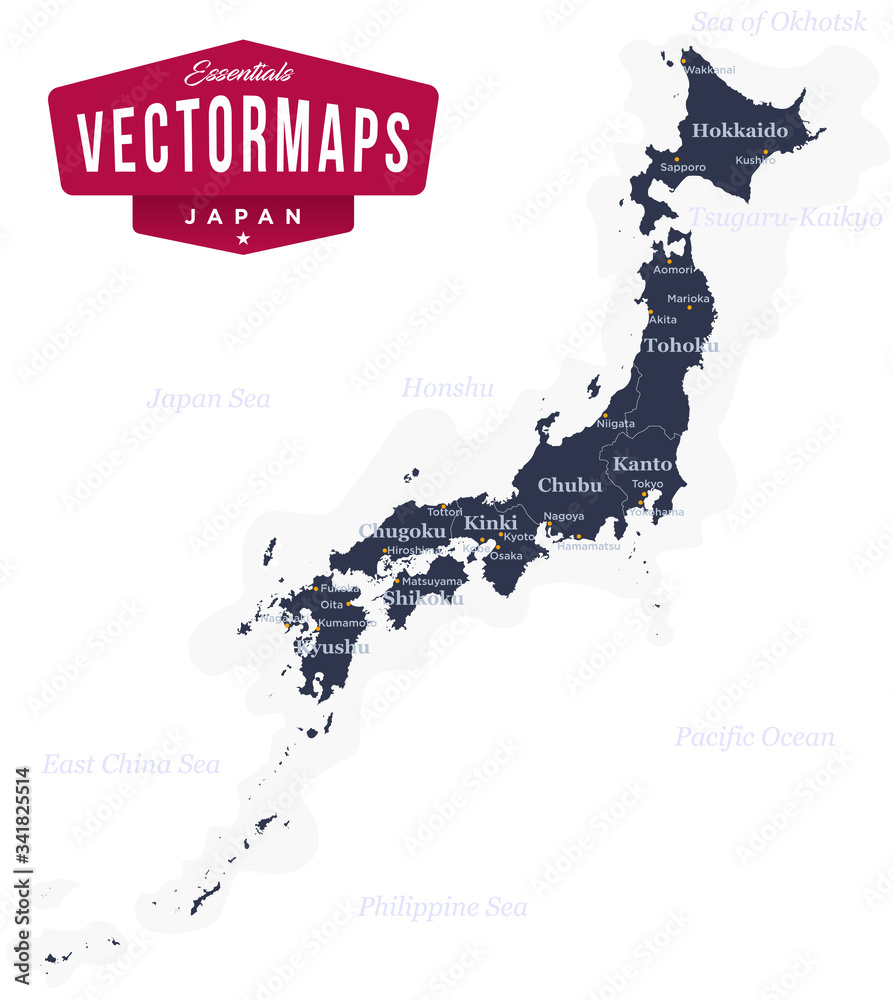 Japan Political Map | High detailed and accurate shapes. Regions in ...