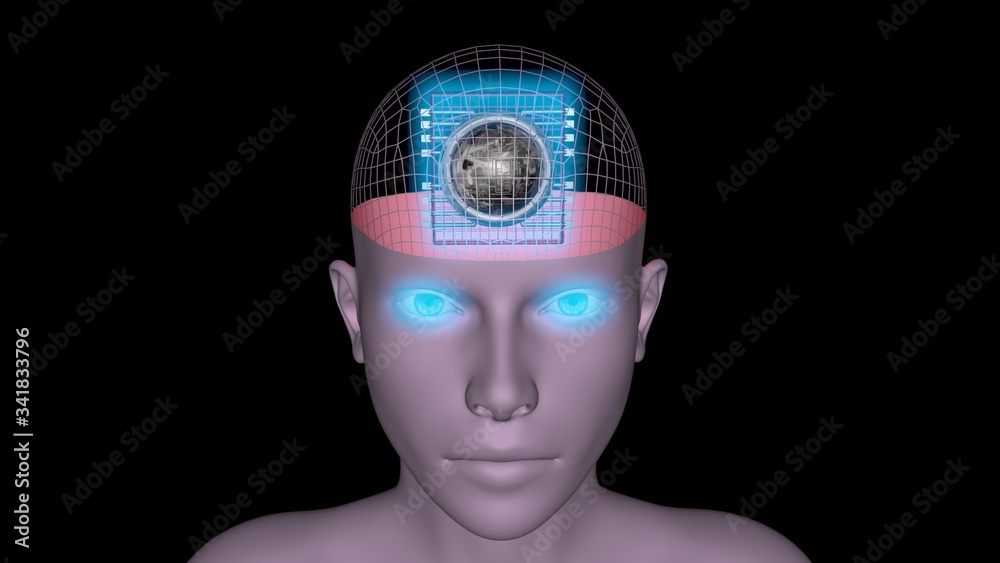 Microchip Implant inside human body , head . Glowing eyes . Wireframe ...