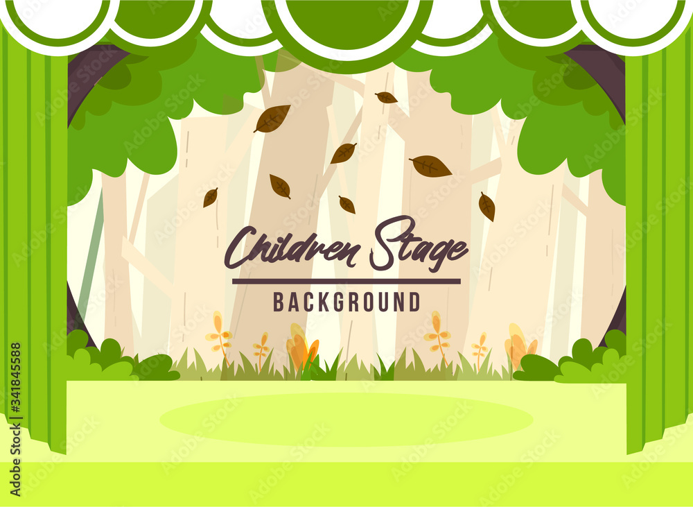 Green stage with curtain and forest background. Flat Vector ...
