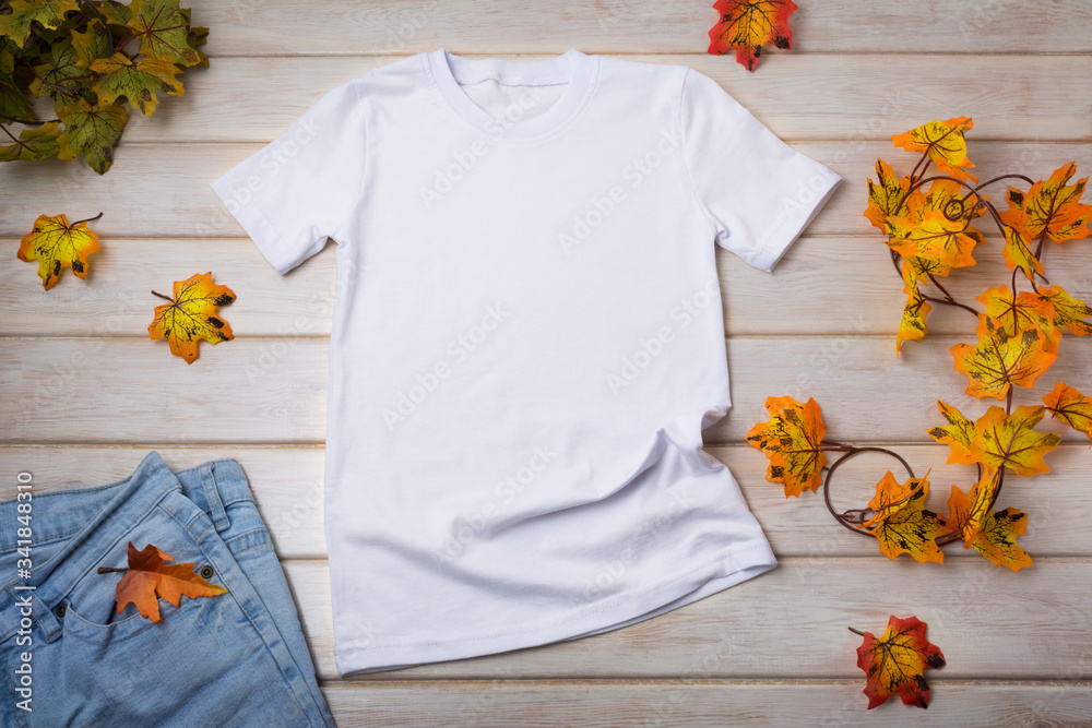 Unisex T-shirt mockup with fall leaves Stock Photo | Adobe Stock