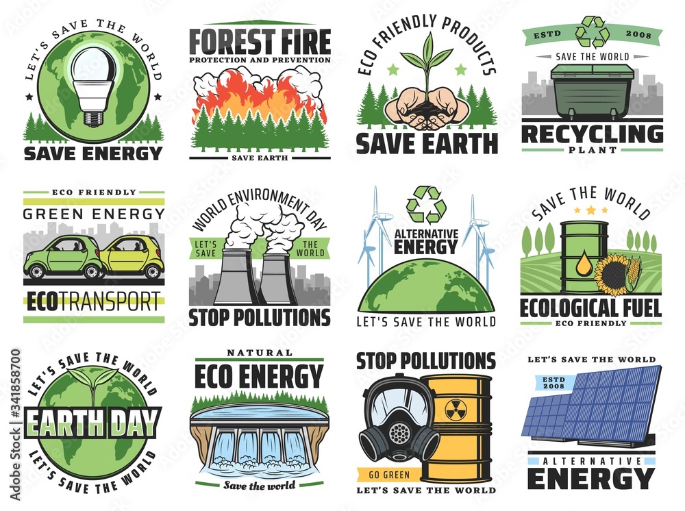 Save Earth, stop pollution and nature environment, conservation, vector ...