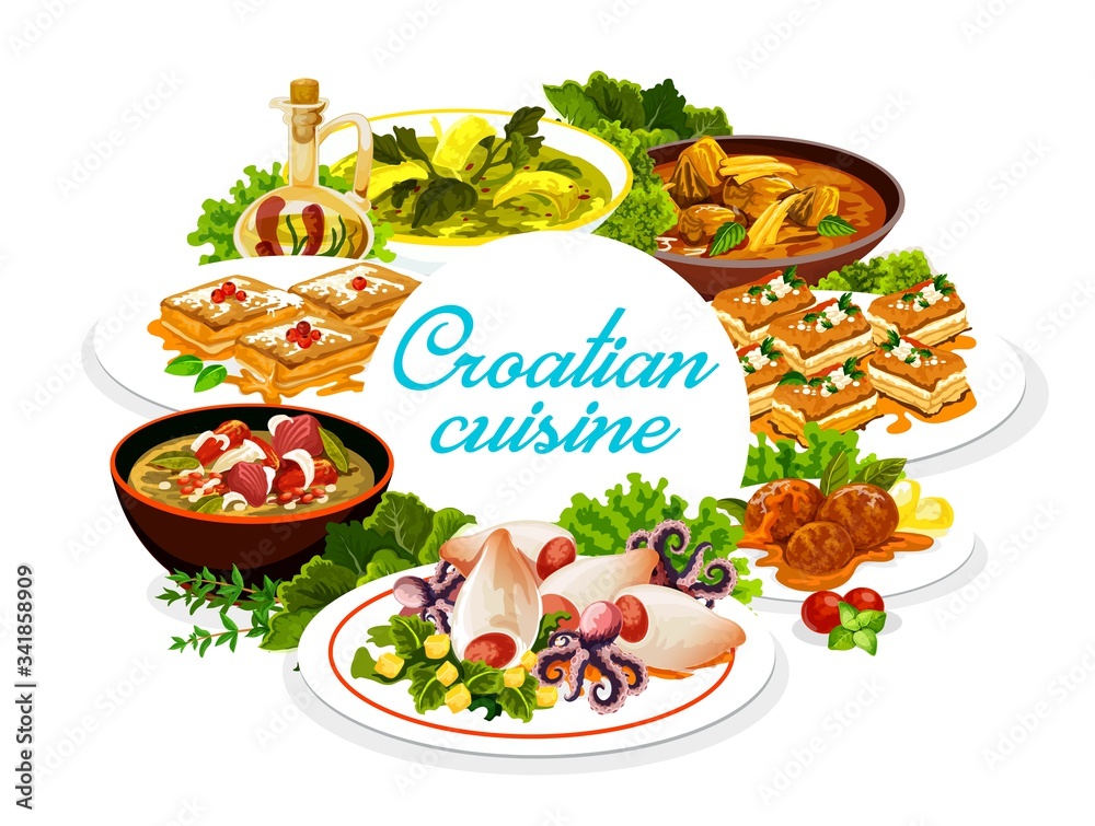 Croatian cuisine food, restaurant menu cover, vector poster. Authentic ...