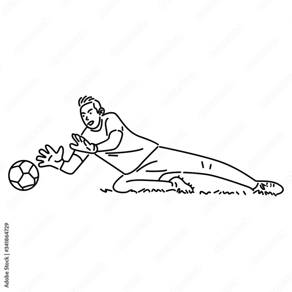 Jumping football goalkeeper catches the ball. Soccer player line art ...
