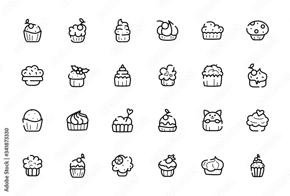 Outline cupcakes icon set - vector isolated symbols or pictograms on white, sweet food or ...