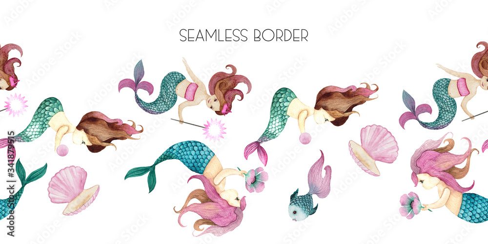 Watercolor Little Mermaid hand painted seamless border with cute little ...