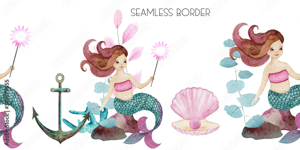 Watercolor Little Mermaid hand painted seamless border with cute little ...