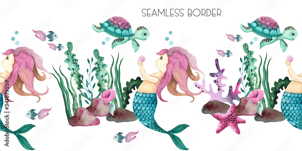 Watercolor Little Mermaid hand painted seamless border with cute little ...