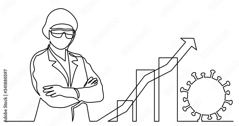 continuous line drawing of standing doctor in mask and protective ...