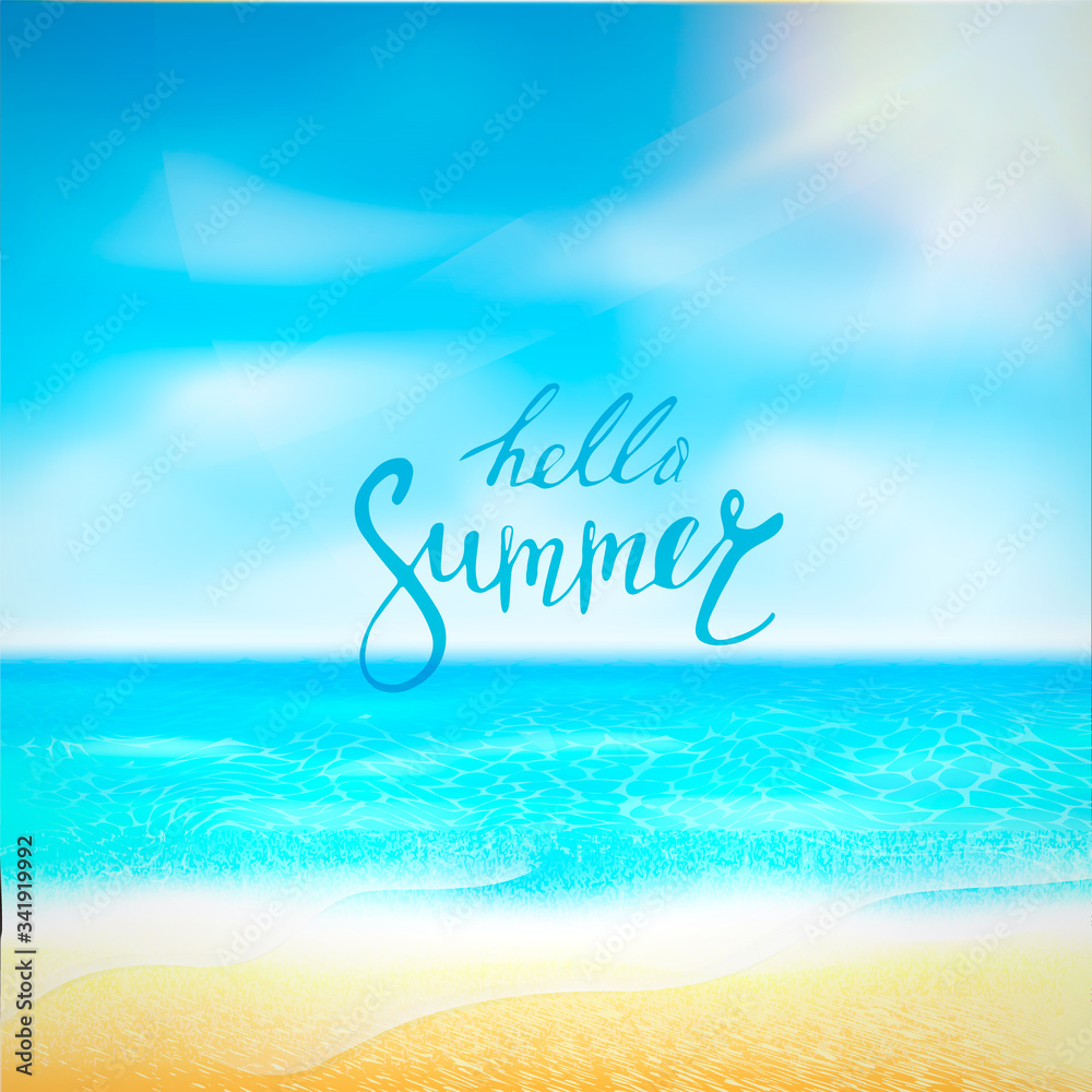 Hello summer. Tropical beach background with yellow sand, blue ocean ...