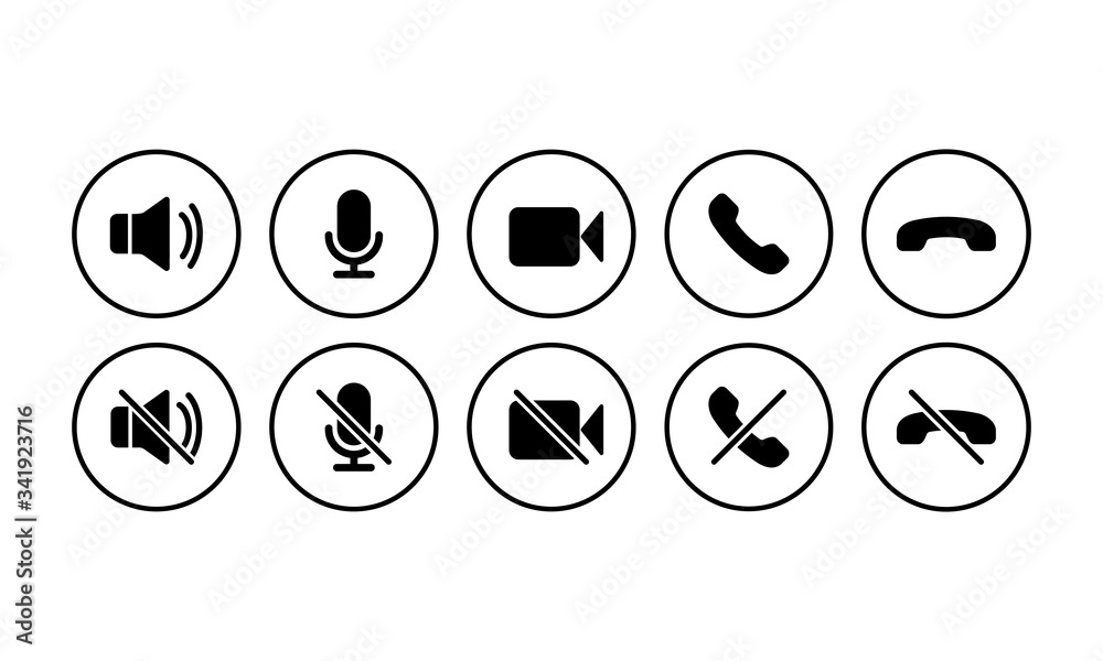 Set of communication icons. Phone, sound, microphone, camera, call ...