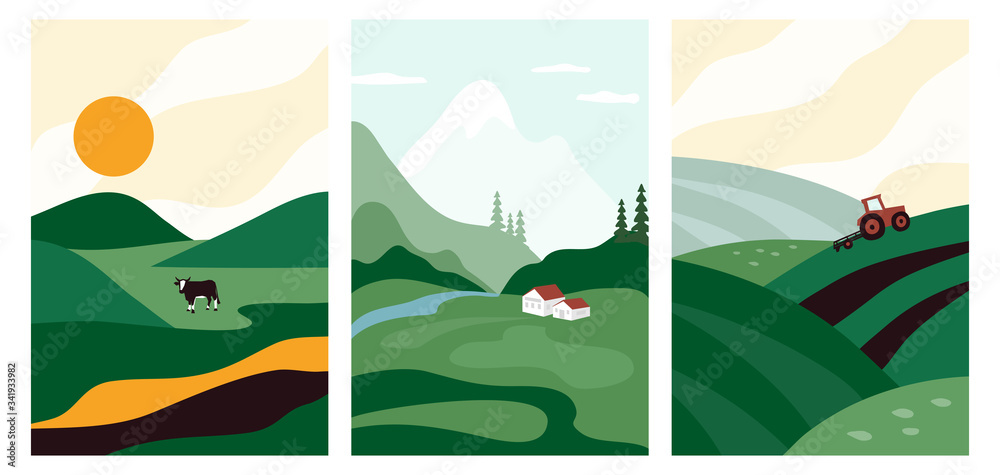 Vector illustrations with farm land, nature, landscape. Agriculture or ...