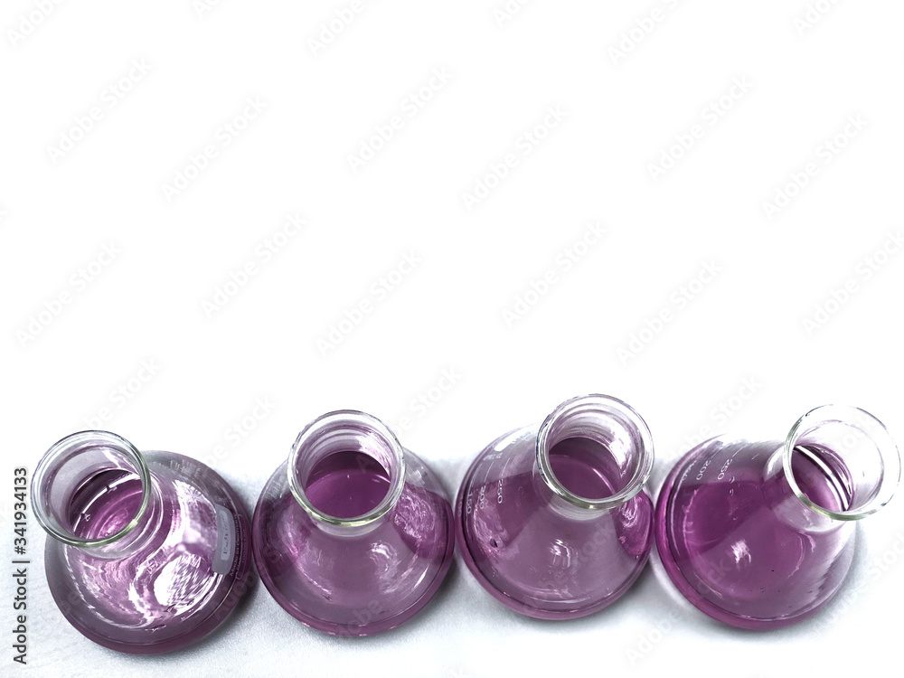 Top view of purple violet solvent in Flasks or Erlenmeyer flask ...