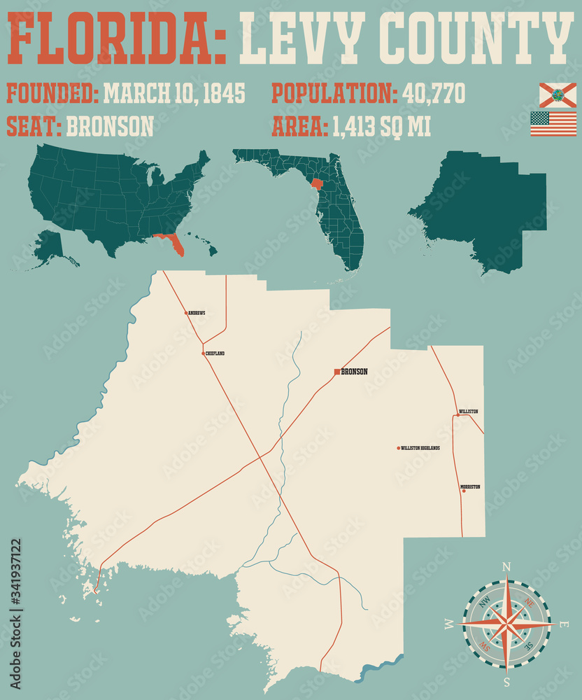 Large and detailed map of Levy county in Florida, USA. Stock Vector ...