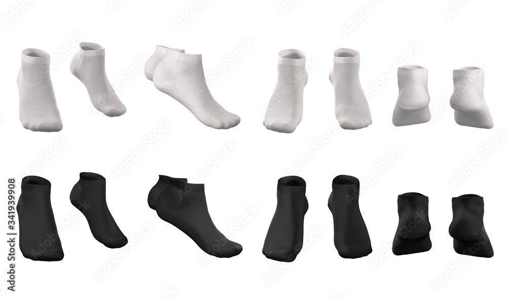 Set short white and black socks. Side (3/4), front, back views. Mockup ...