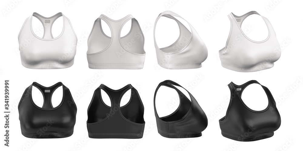 Sports women's top bra of white and black. Front, back, side (3\4) view ...