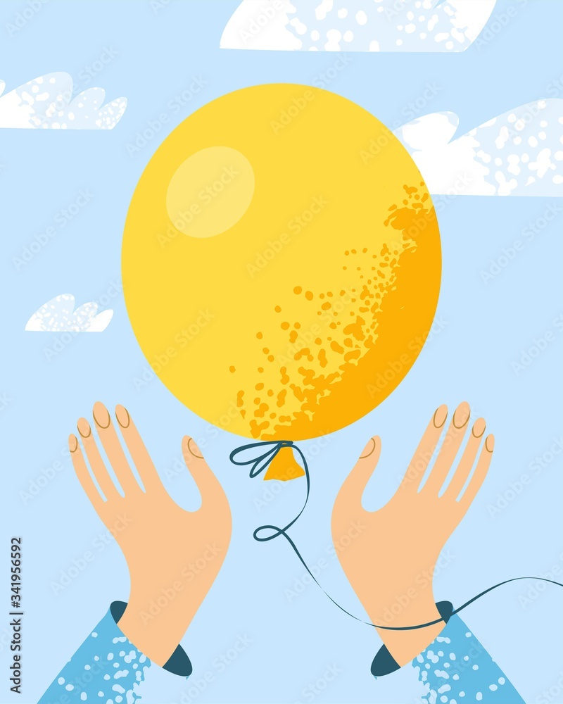 two hands let go of the yellow balloon in the sky is hand drawn on a ...