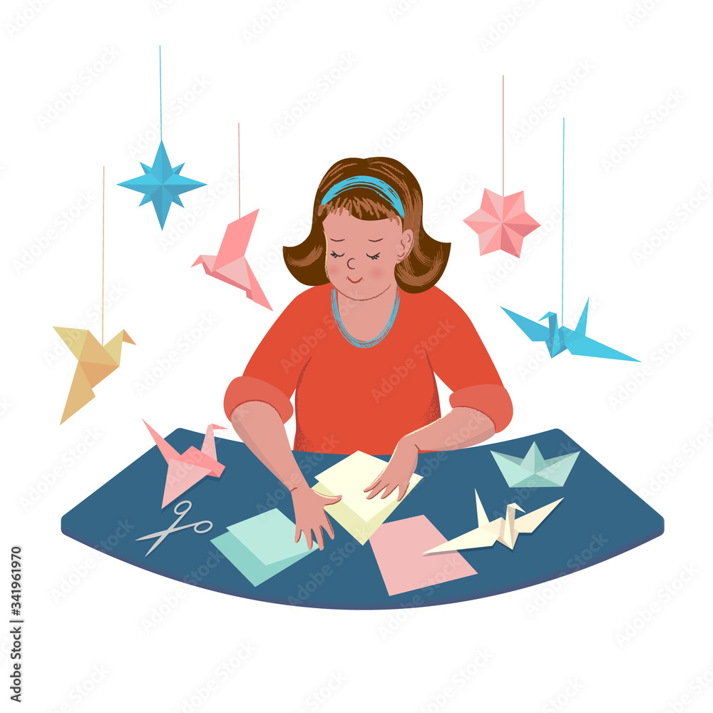 Cheerful cute cartoon girl is making origami. Vector isolated ...