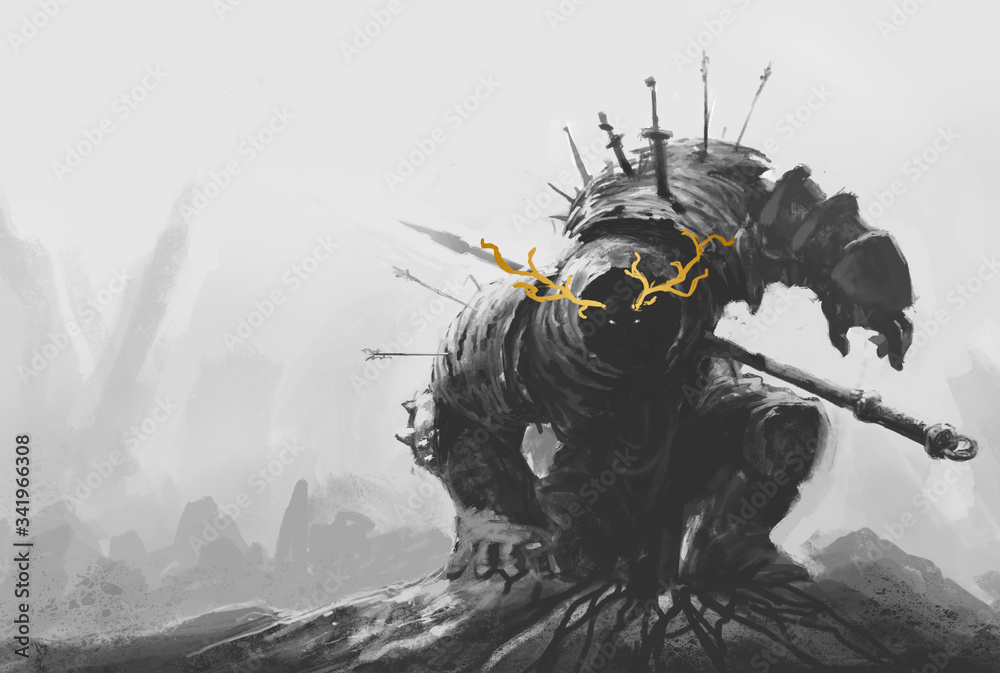 Ancient dead terrible knight warrior. Realistic illustration sketch and ...