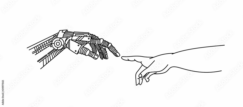 Hands of Robot and Human hands touching with fingers, Virtual Reality ...