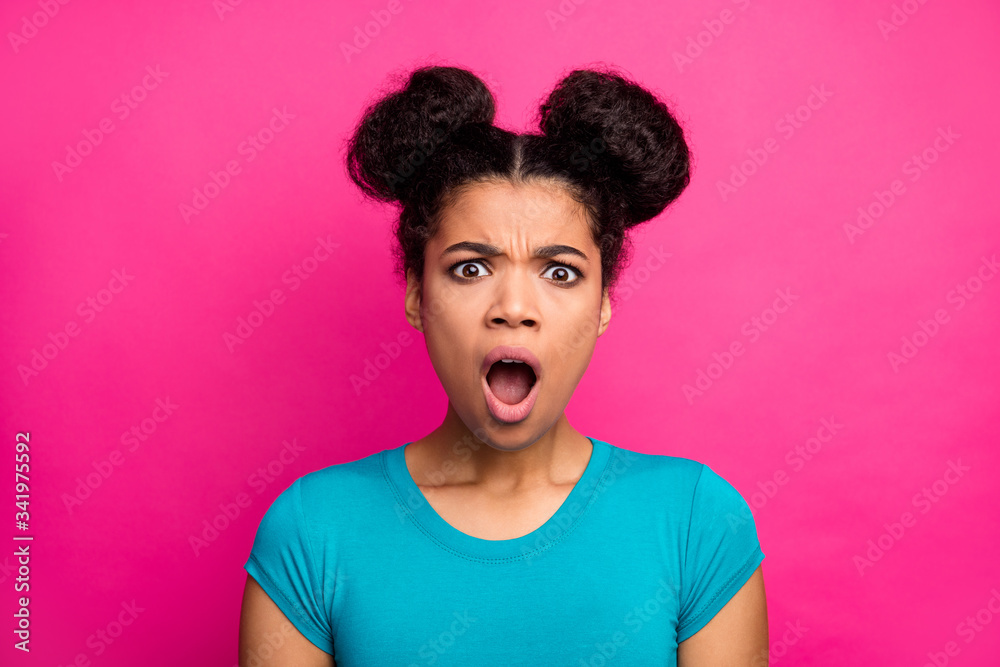 What. Closeup photo of beautiful shocked dark skin lady two buns hairdo ...