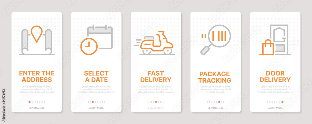 Delivery related vertical cards. Mobile app onboarding screens ...