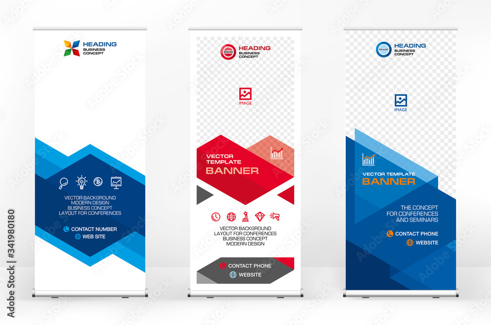 Set of different design options for advertising banners roll-up, modern ...