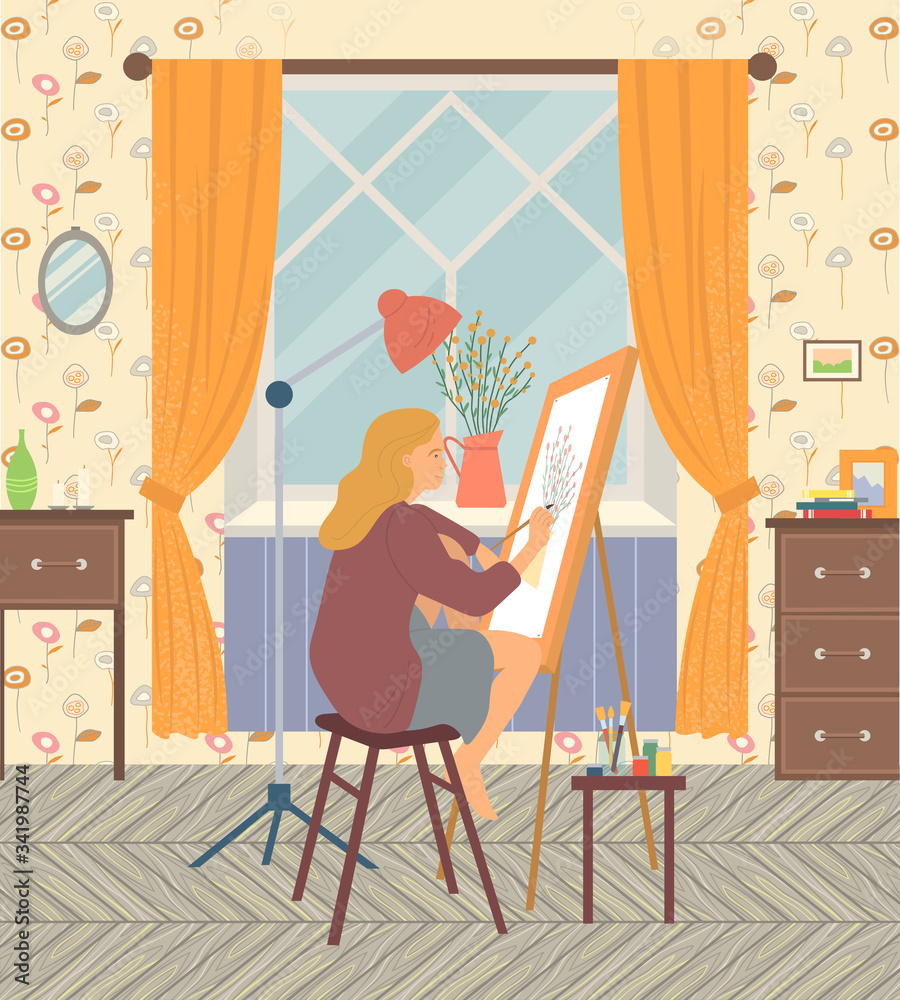 Artist drawing new picture on easel vector, woman at home. Window with ...