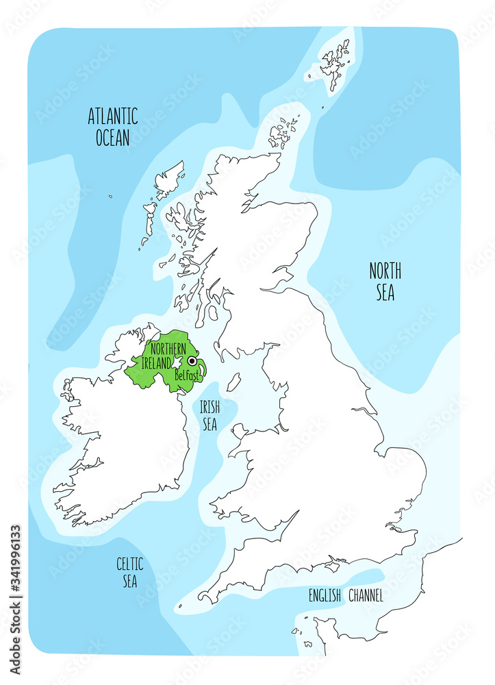 Hand drawn map of Northern Ireland and the British Isles.UK-map Stock ...