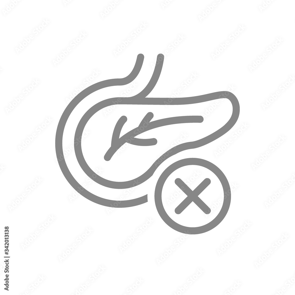 Pancreas with cross checkmark line icon. Disease internal organ symbol ...