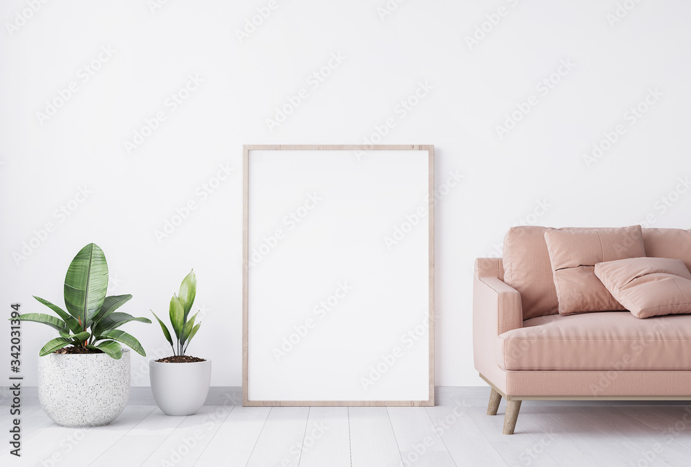 Bright interior design of living room with stylish furniture on white ...