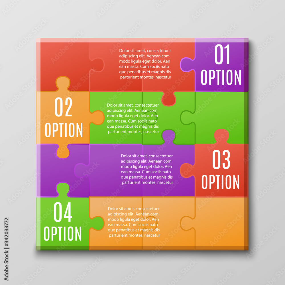 Jigsaw puzzle infographic poster design with four options text template ...