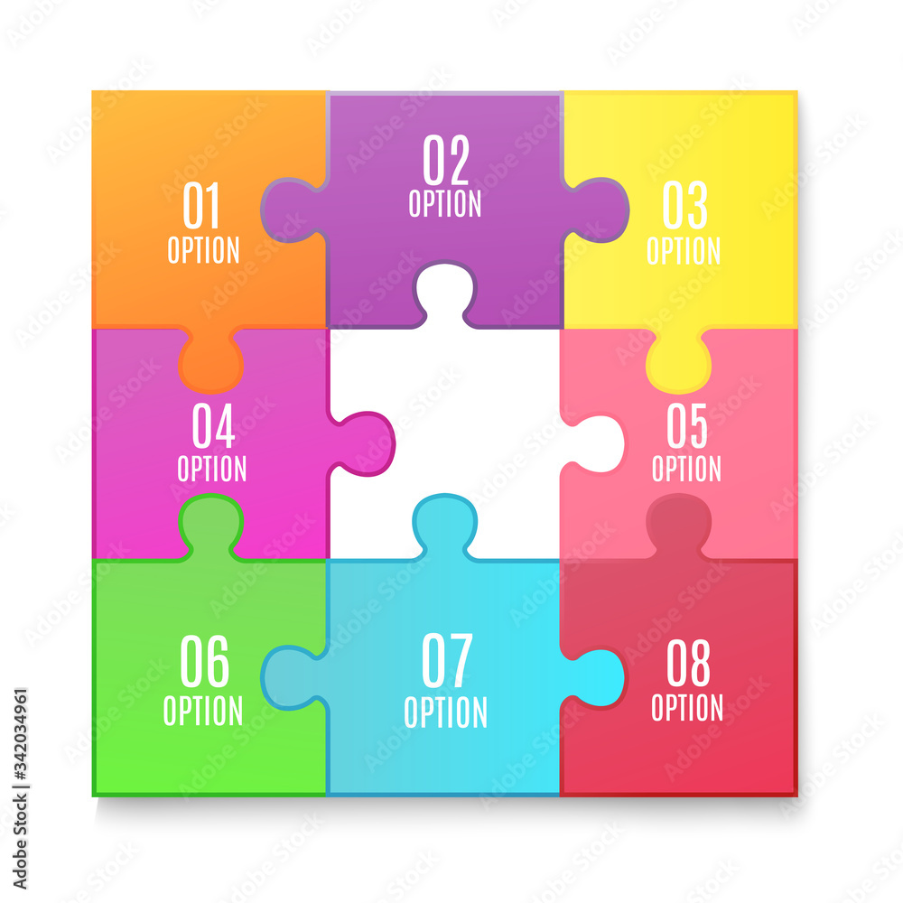 Jigsaw puzzle poster with 8 connected colorful option tiles and missing ...