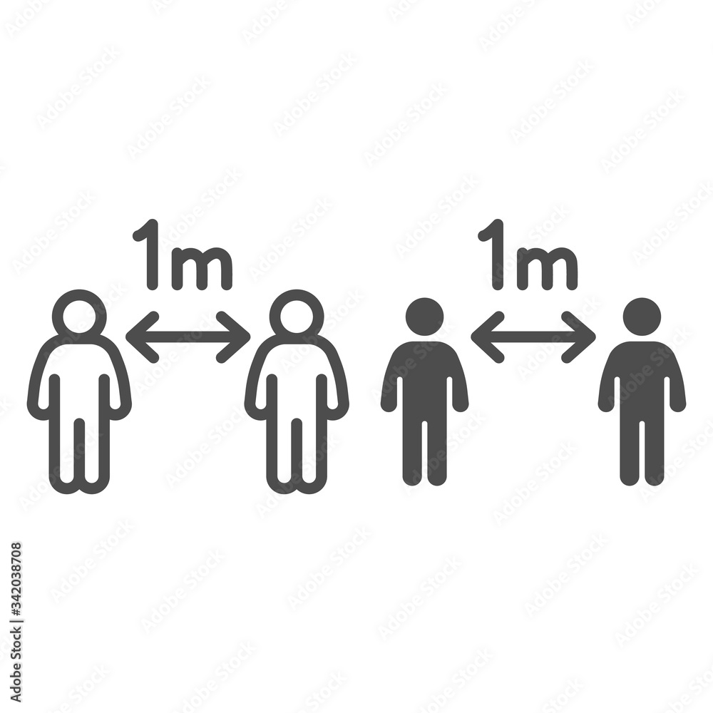 Coronavirus safety distance line and solid icon. Keep one meter ...