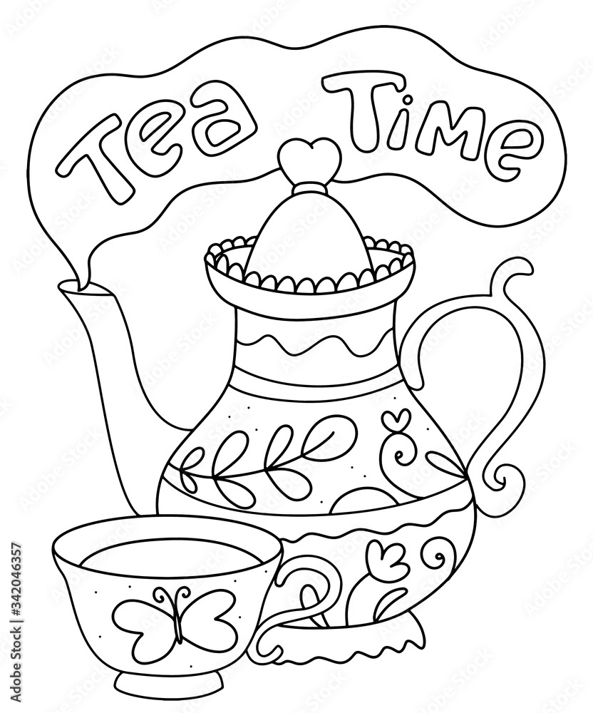 Tea time coloring page . Doodle dishes seamless pattern , retro, doodle ...
