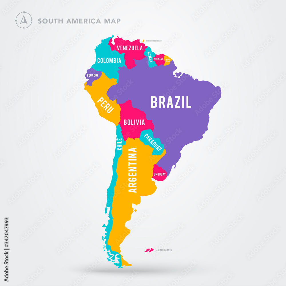 Vector Illustration Map Of South America In Modern Colors And Name ...