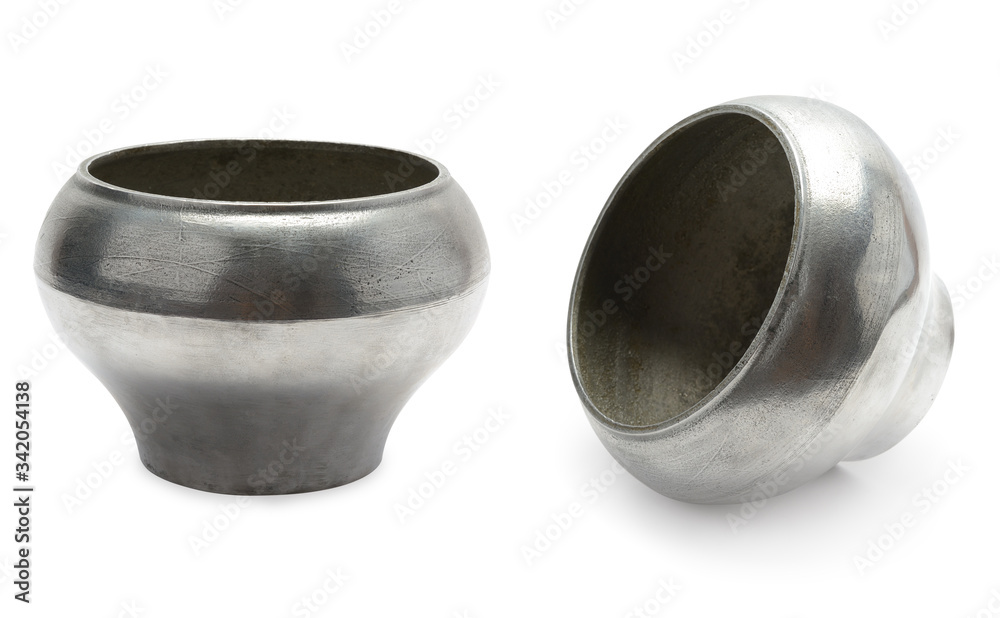 Panorama old metal rough pots from two foreshortenings isolated on ...
