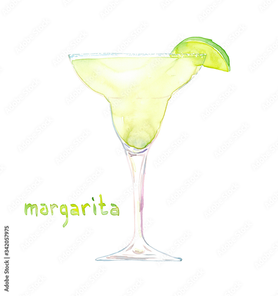Watercolor hand drawn sketch illustration of margarita cocktail with ...