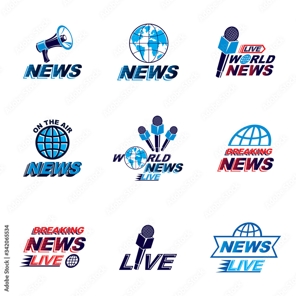 Set of journalism conceptual logo, emblems and leaflets. Earth planet ...