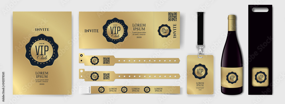 Set with design templates for VIP invitation, access bracelets, lanyard ...